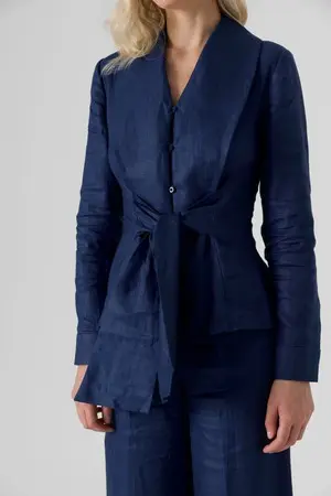 LE FAFO Linen Waist Tie Shirt - Navy Blue