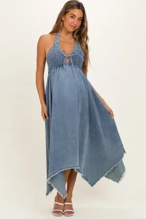 PINKBLUSH Smocked Halter Handkerchief Maternity Dress
