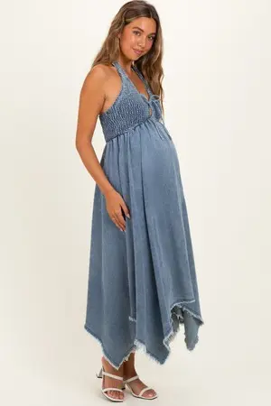 PINKBLUSH Smocked Halter Handkerchief Maternity Dress
