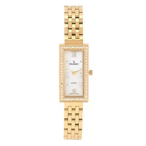 PEUGEOT 14k Gold-plated Crystal Bezel Stainless Steel Bracelet Watch- 35x20mm - White