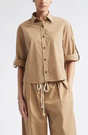 Maria Mcmanus Roll Tab Sleeve Organic Cotton Crop Button--up Shirt - Walnut