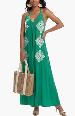 LASCANA Halter Neck Embroidered Maxi Dress - Green