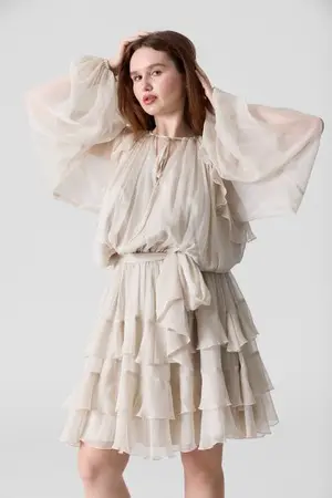 LE FAFO Silk Chiffon Tie Belt Short Dress - Light Beige