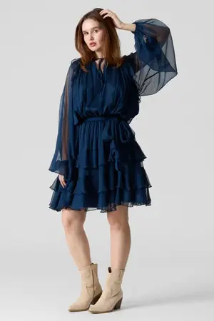 LE FAFO Silk Chiffon Ruffled Belted Mini Dress - Midnight Navy