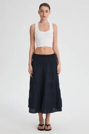 OROLAY Tiered Ruffle Linen Skirt - Navy