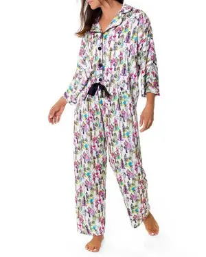 SUNSHINE SOCIETY Fashionista Silky 3/4 Sleeve Printed Pants Set - Multicolor