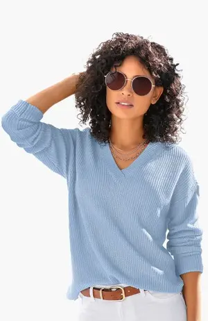 LASCANA Ribbed V-neck Sweater - Blue