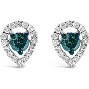 HAUS OF BRILLIANCE Sterling Pear Shape Blue And White Diamond Halo Stud Earrings - Silver