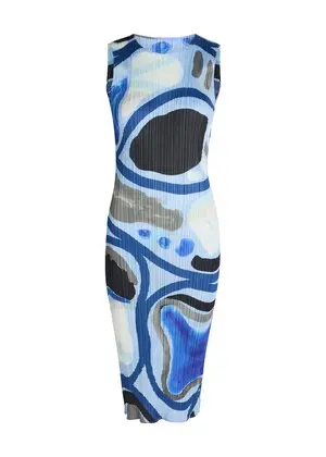 Issey Miyake Printed Pleated Woven Midi Dress - Light Blue