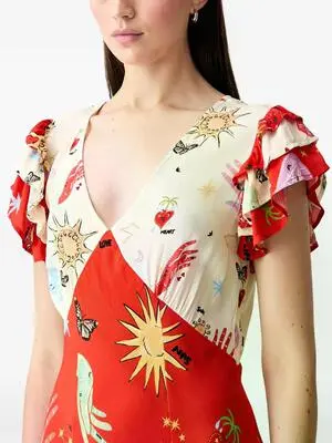 NEVER FULLY DRESSED Graphic Print Ruffled Sleeve Maxi Dress