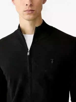 TRUSSARDI Zip-up Embroidered Logo Fine Knit Cardigan