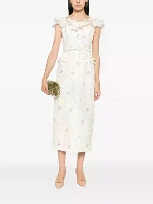 Alessandra Rich Floral Print Ruffled Off-shoulder Silk Dress - Neutrals