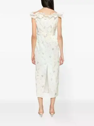 Alessandra Rich Floral Print Ruffled Off-shoulder Silk Dress
