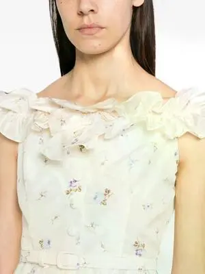 Alessandra Rich Floral Print Ruffled Off-shoulder Silk Dress