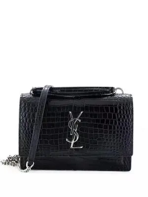 Saint Laurent Sunset Top Handle Chain Wallet Crocodile Embossed Leather Crossbody Bag - Black