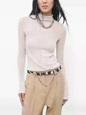 Patrizia Pepe Ribbed Funnel Neck Knit With Button Cuffs - Neutrals