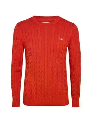 Gant Cable Knit Crew Neck Sweater With Embroidered Logo - Red