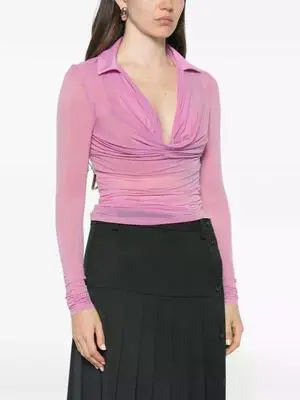 Patrizia Pepe Sheer Ruched Top With Waterfall Neckline