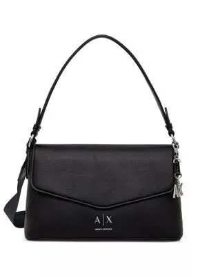 Armani Exchange Logo Plaque Pebbled Shoulder Bag - Black