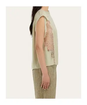 FERRAGAMO Sleeveless Silk Top With Lace Inserts - Burnt Sage