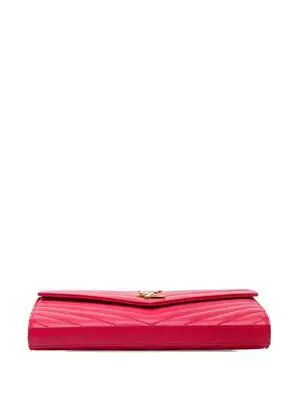 Saint Laurent Grain De Poudre Chevron Monogram Envelope Chain Wallet Crossbody Bag - Pink