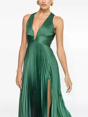 NISSA Pleated Satin Maxi Dress With V-neck And Crossover Straps