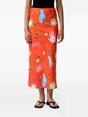 NEVER FULLY DRESSED Celestial Dorris Graphic Print Midi Skirt - Red