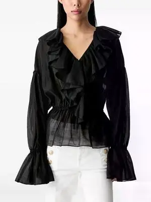 VICOLO Ruffled V-neck Blouse - Black