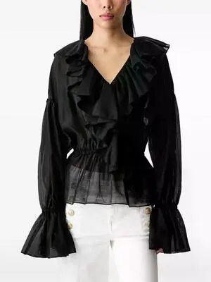 VICOLO Ruffled V-neck Blouse - Black