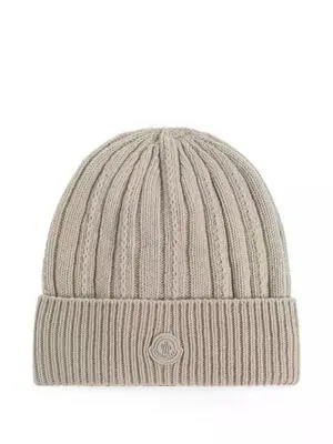Moncler Logo-patch Ribbed-knit Beanie Hat - Neutrals