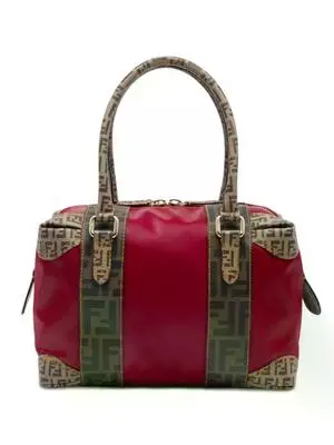 Fendi 2000-2010 Zucca Trimmed Coated Canvas Mixed Media Boston Bag - Red
