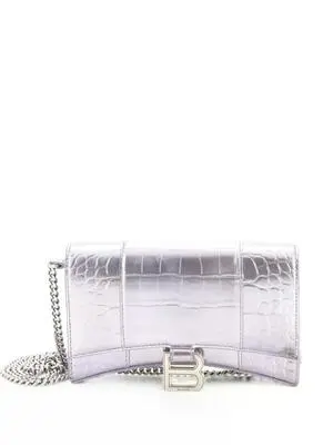 Balenciaga Hourglass Chain Wallet Crocodile Embossed Leather Clutch Bag - Purple