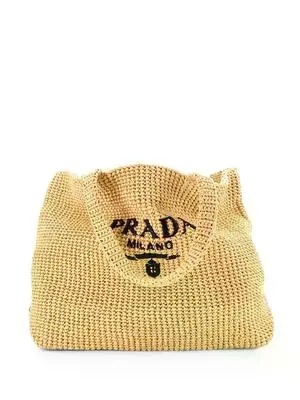 Prada Logo Raffia Xl Tote Bag - Neutrals
