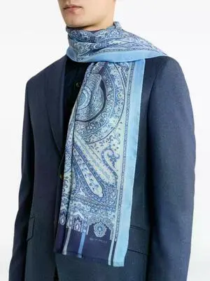 Etro Chevron Modal And Cashmere Scarf With Paisley Motif - Blue