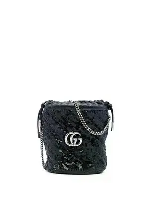Gucci Small Gg Marmont Sequined Diagonal Matelassé Calfskin Bucket Bag - Black