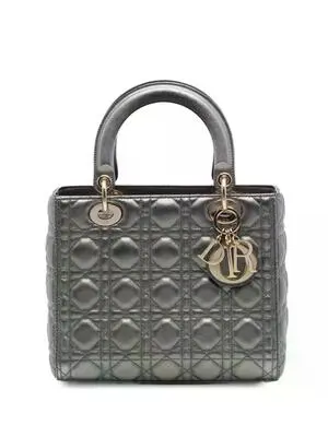Dior 2019 Medium Metallic Lambskin Cannage Lady Dior Satchel Grey
