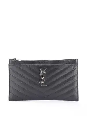 Saint Laurent Monogram Zip Bill Matelassé Chevron Leather Pouch - Black