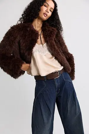 Free People Supernova Cropped Faux Fur Jacket - Mochaccino Combo