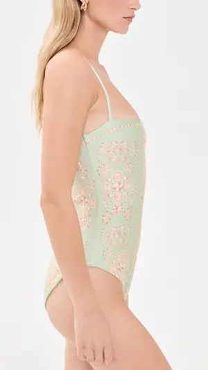 Agua Bendita Printed Embellished One Piece Swimsuit