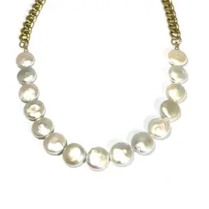 Rachel Nathan White / Gold / Neutrals Pearl Coin & Curb Necklace - White/gold