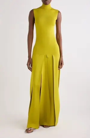 Alaïa Pleated Funnel Neck Sweater Dress - Lime