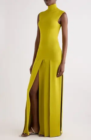 Alaïa Pleated Funnel Neck Sweater Dress