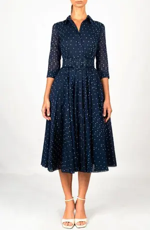 Samantha Sung Mini Dots A-line Belted Shirtdress - Navy