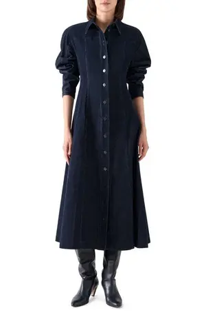 Akris Long Sleeve Corduroy Fit & Flare Shirtdress - Navy