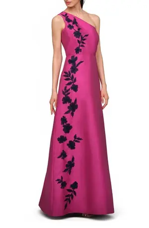 KAY UNGER Madelyn Embroidered One-shoulder Satin Gown
