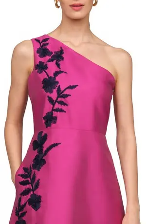 KAY UNGER Madelyn Embroidered One-shoulder Satin Gown