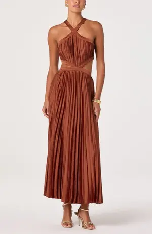 Astr The Label Vera Pleated Cutout Satin Maxi Dress - Rust