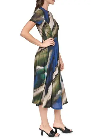 Dkny Ruched Front Print Midi Dress