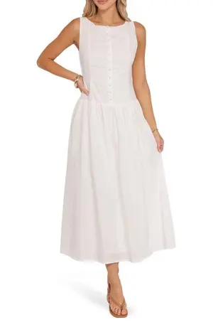 PETAL & PUP Evie Cotton & Linen Buttoned Maxi Dress - White