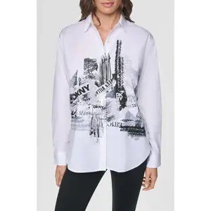 Dkny City Printed Rhinestone Cotton Button-up Shirt